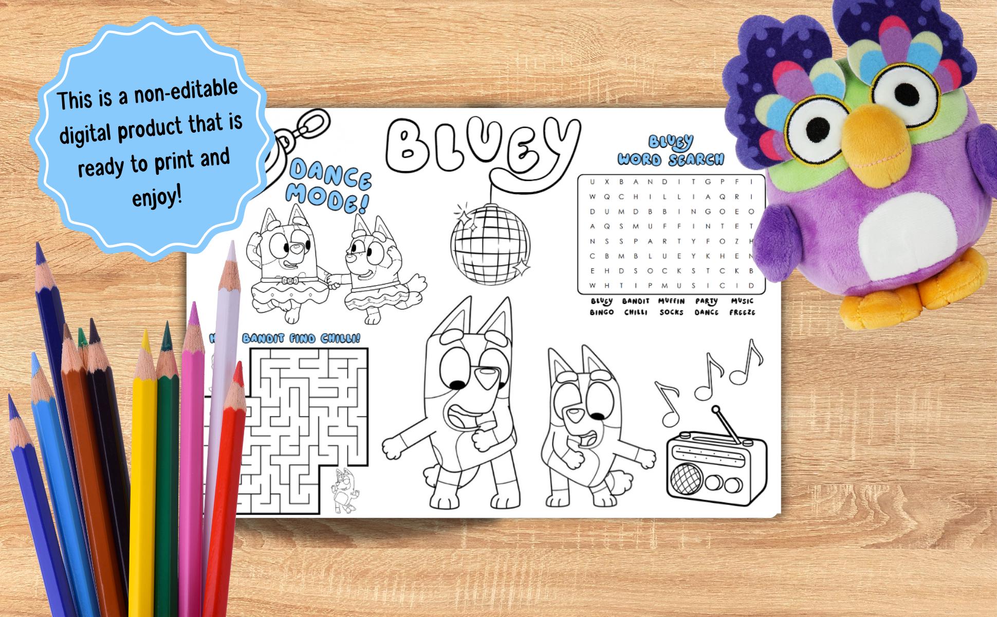 Bluey Themed Activity Placemat, Bingo Coloring Sheet, Includes a ...