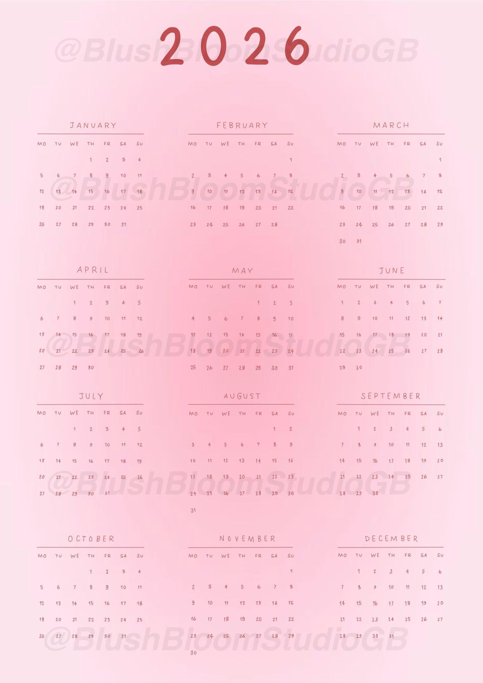 2026 Coquette Calendar Bundle | Printable Yearly Calendar in Pink ...