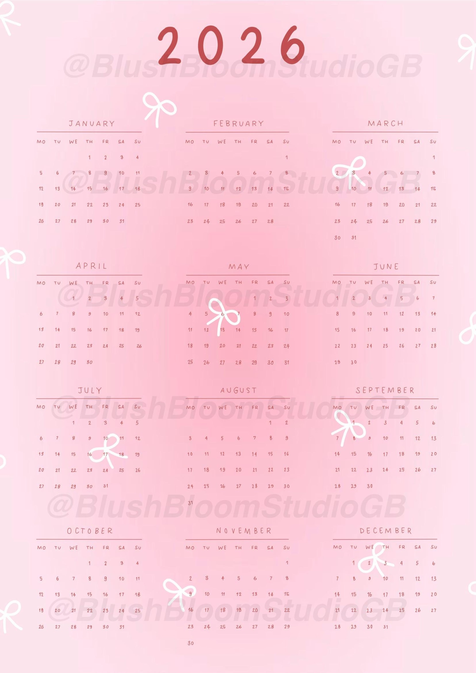 2026 Coquette Calendar Bundle | Printable Yearly Calendar in Pink ...