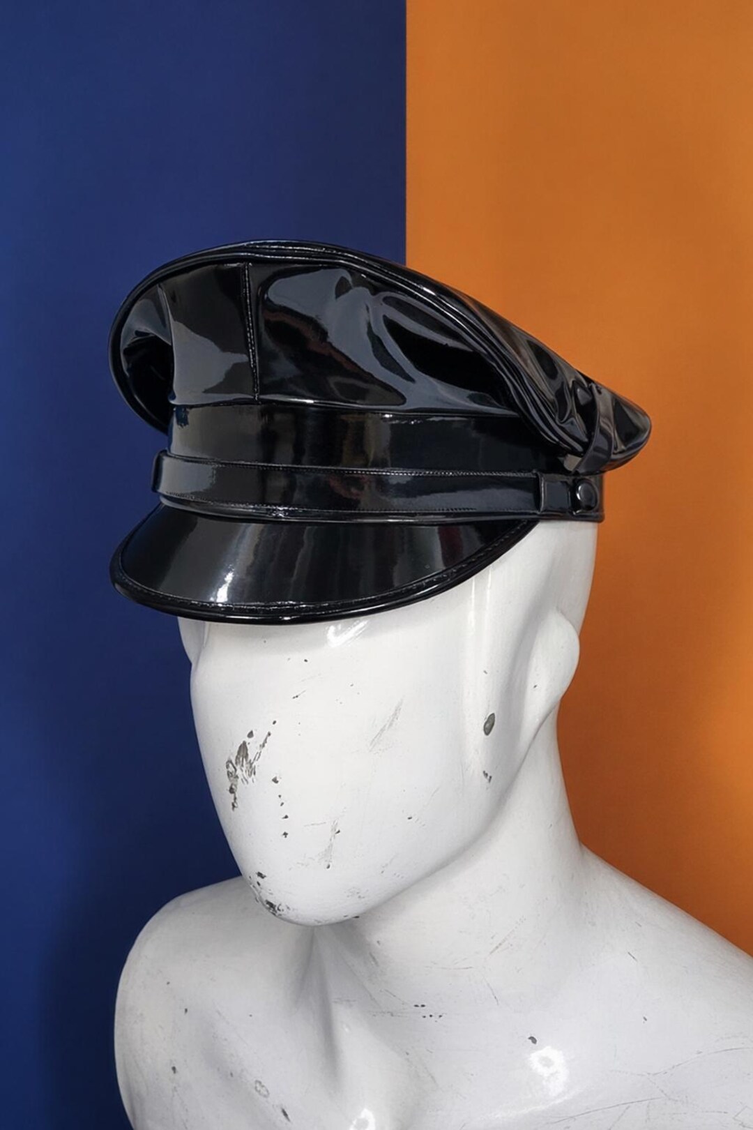 Glossy Vegan Leather Biker Cap, Shiny Pride Officer Hat, PVC Peaked Cap ...