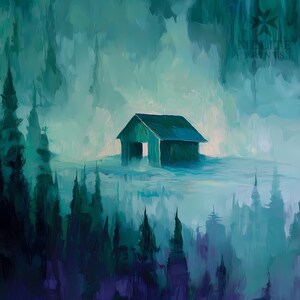 Peter Doig Inspired Printable | Dreamy Forest Cabin Wall Art | Misty ...
