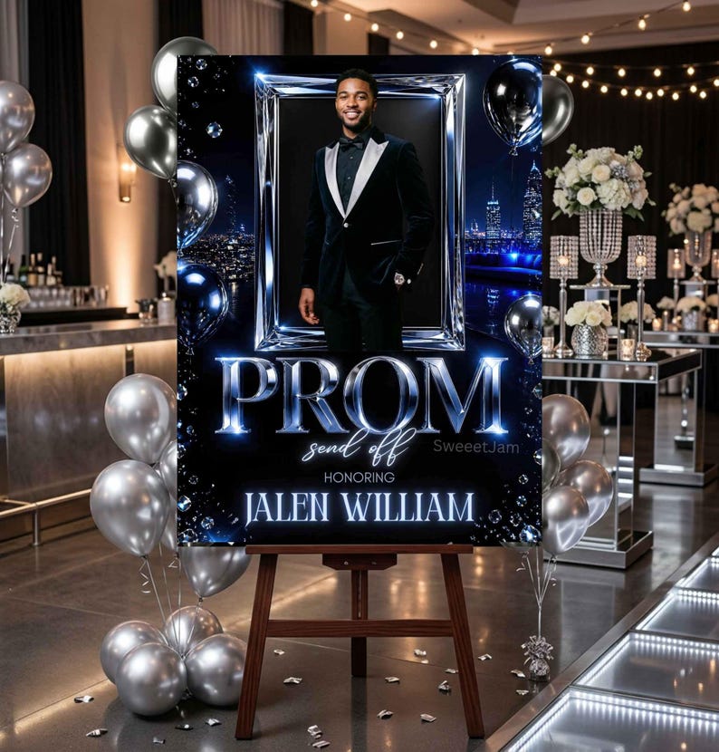 EDITABLE Men's Prom Send-off Welcome Sign,boy Prom Party, Blue Shiny ...