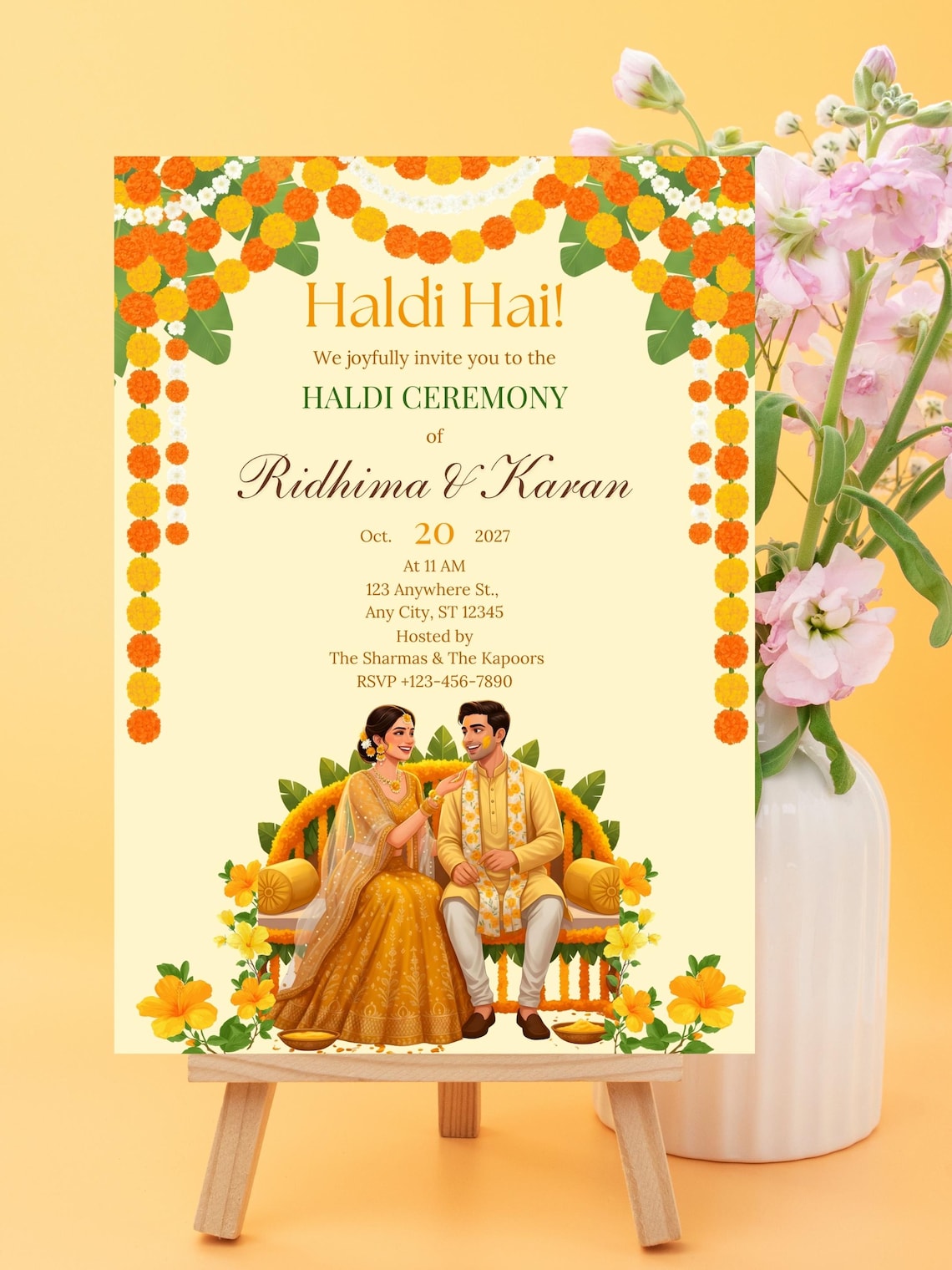 Editable Indian Haldi Ceremony Invitation, Marigold Floral Bride ...
