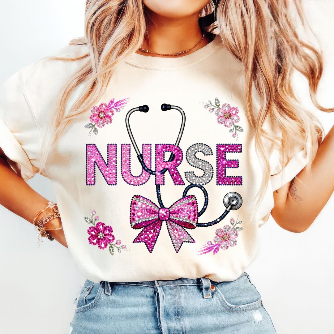 Pink Faux Rhinestone Nurse PNG, Glitter Bow Floral Stethoscope ...