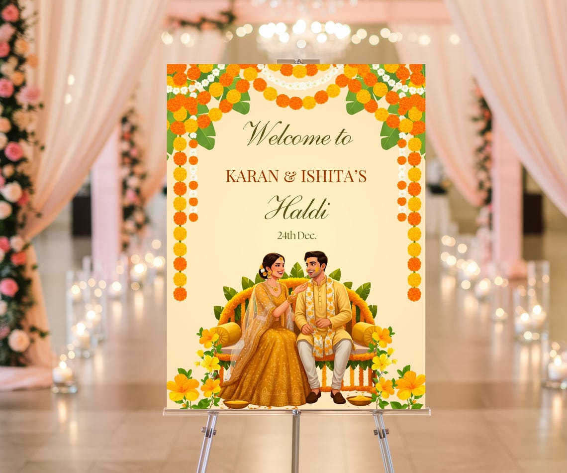 Indian Haldi Welcome Sign | Marigold Garland Wedding Board | Couple ...