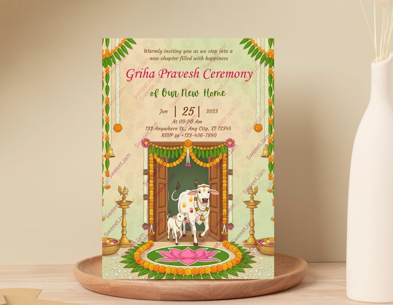 Editable Pichwai Cow Griha Pravesh Invitation, South Indian ...