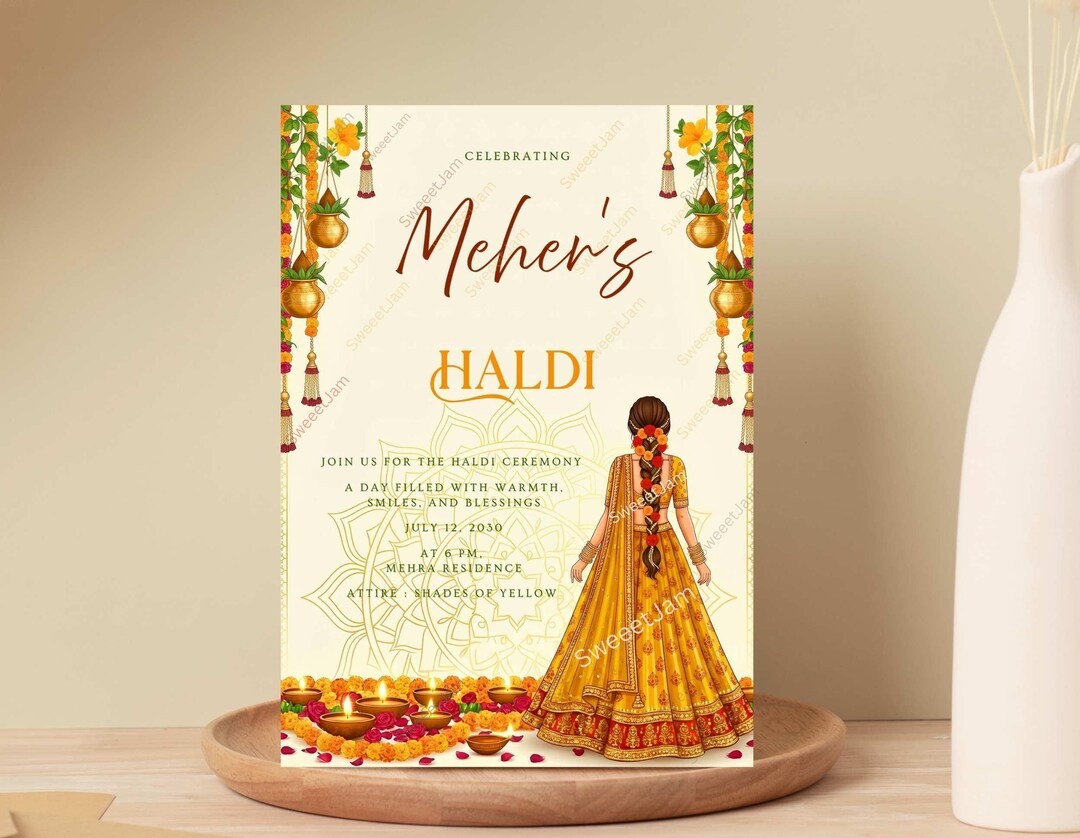 Editable Indian Bride Haldi Ceremony Invitation, Floral Bride Haldi ...