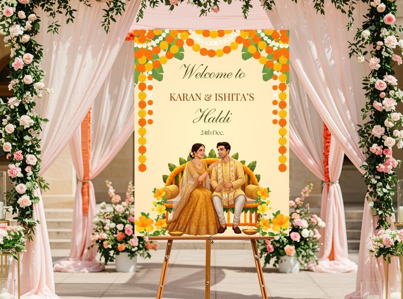 Indian Haldi Welcome Sign | Marigold Garland Wedding Board | Couple ...