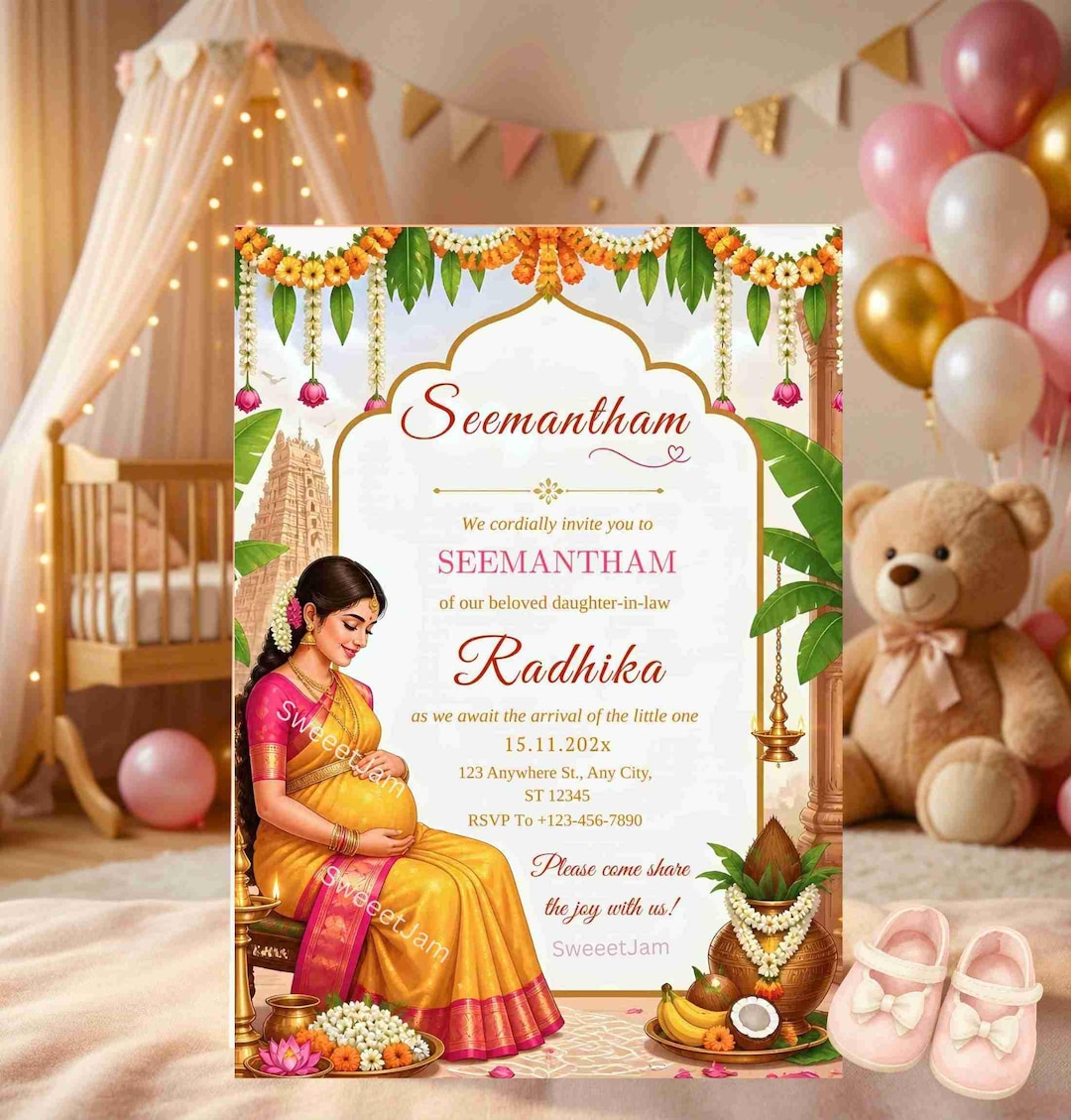 Editable Indian Baby Shower Invitation Seemantham,godh Bharai Card,pink ...