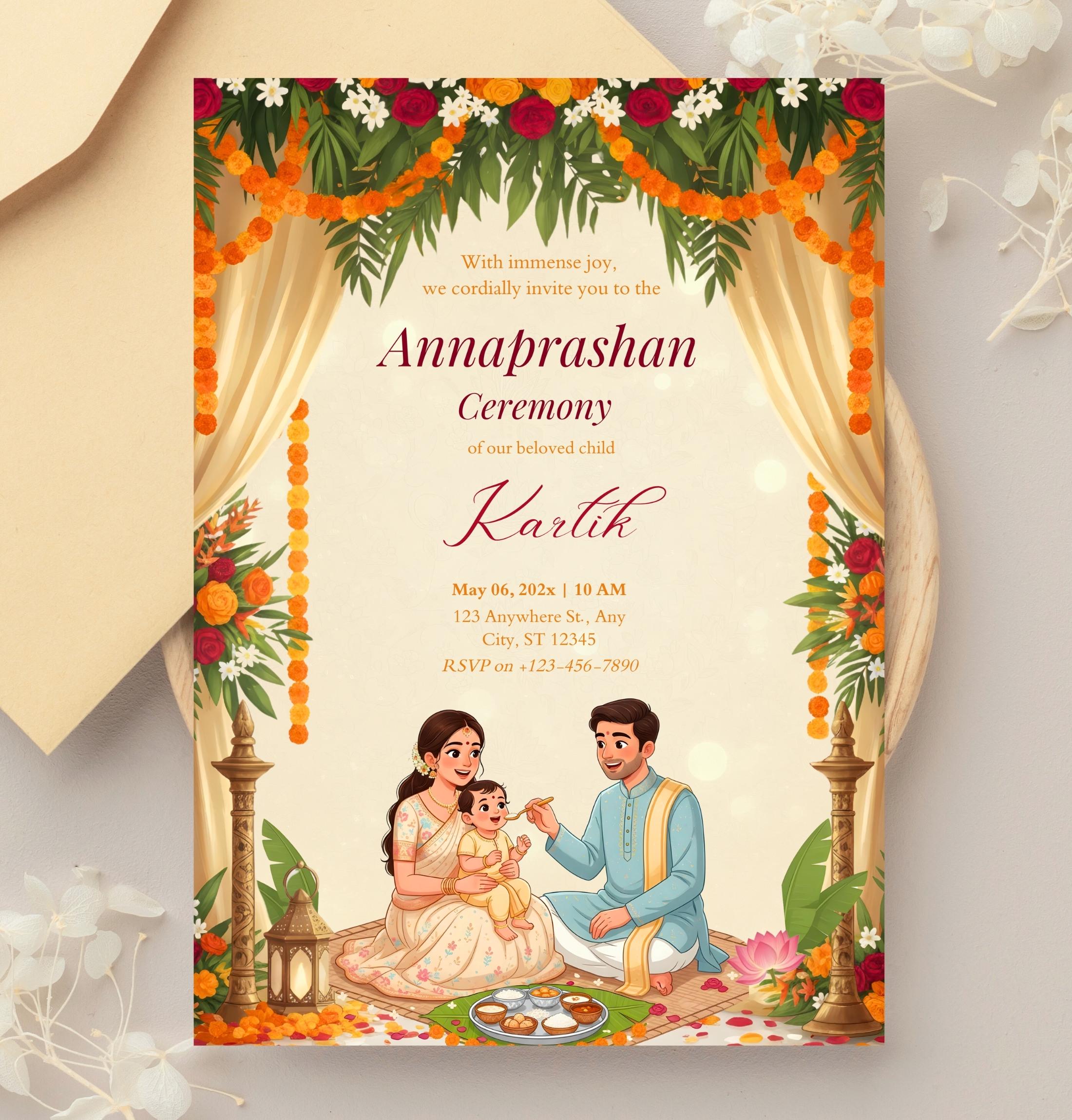 Editable Annaprashan Invite,parents Feeding Baby, Rice Feeding Ceremony ...