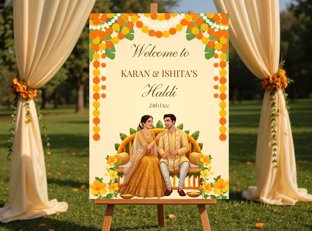 Indian Haldi Welcome Sign | Marigold Garland Wedding Board | Couple ...