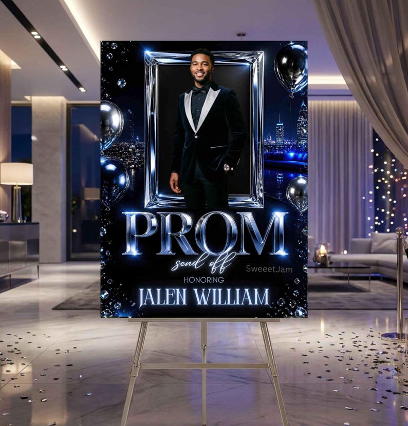 EDITABLE Men's Prom Send-off Welcome Sign,boy Prom Party, Blue Shiny ...