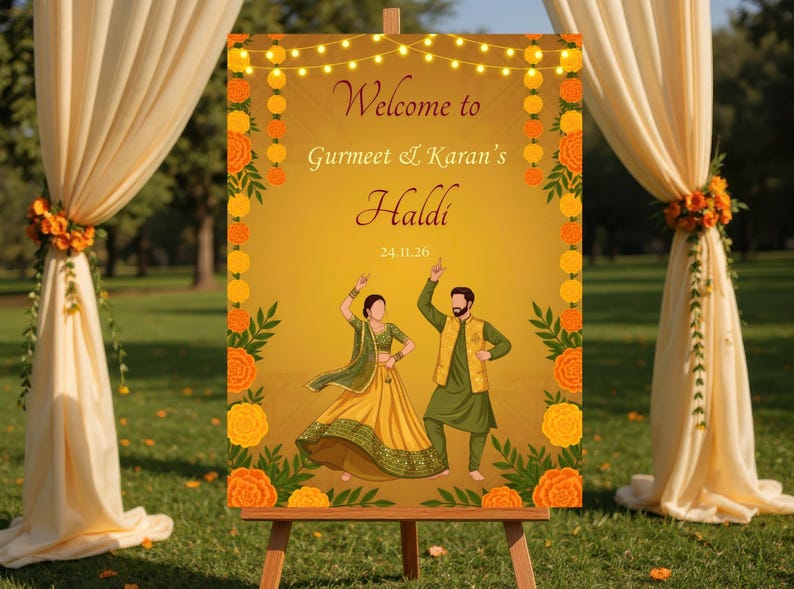 Editable Indian Haldi Ceremony Welcome Sign, Marigold Floral Bride ...
