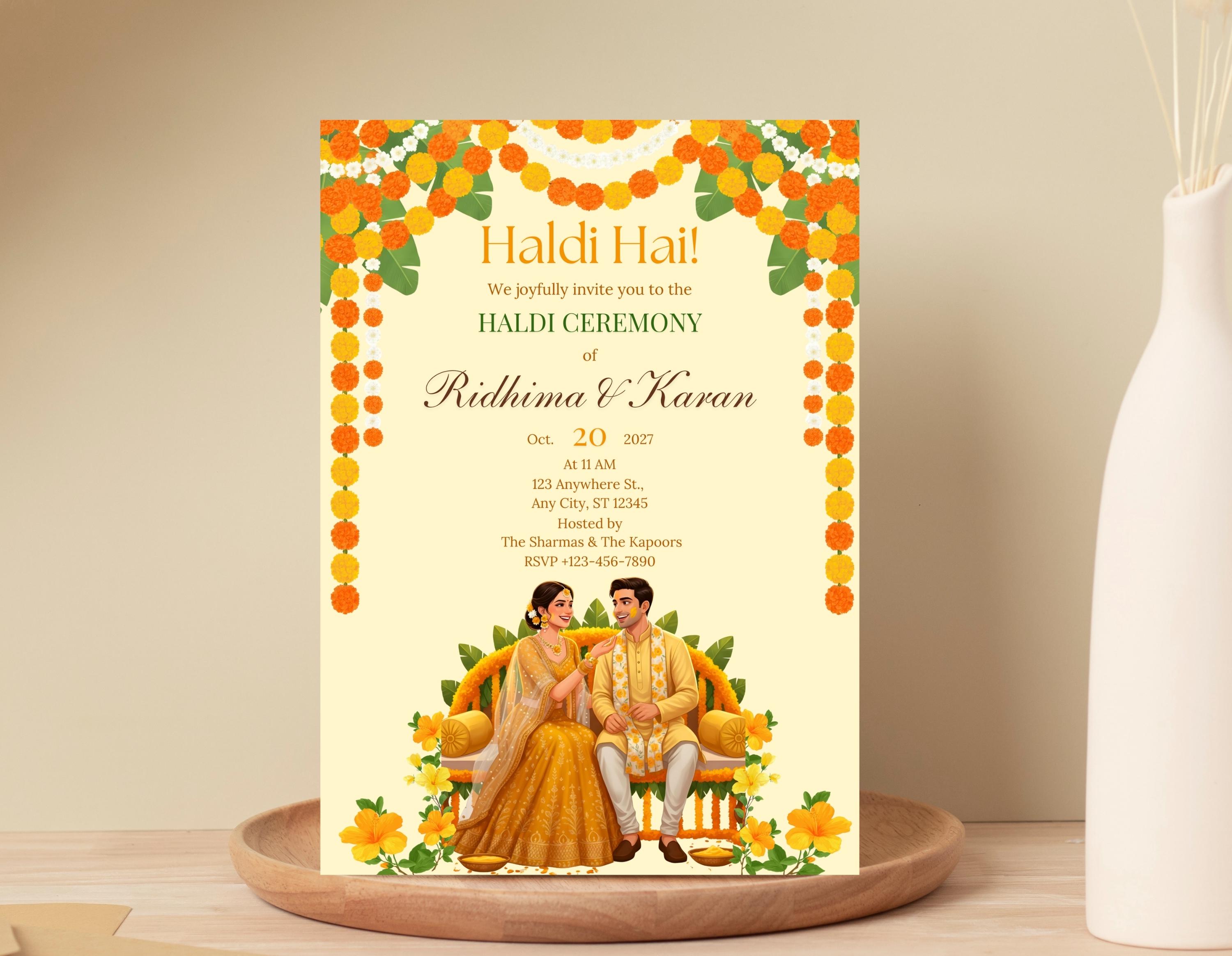 Editable Indian Haldi Ceremony Invitation, Marigold Floral Bride ...