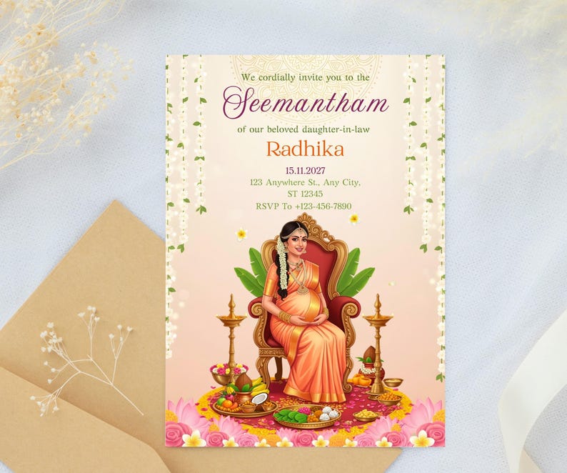Editable Royal Throne Indian Baby Shower Invitation Seemantham & Godh ...