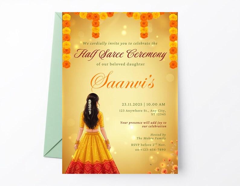 Editable Half Saree Ceremony Invitation, Digital Langa Voni Invite ...