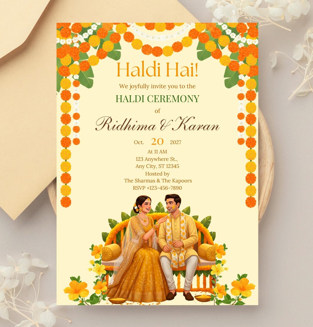 Editable Indian Haldi Ceremony Invitation, Marigold Floral Bride ...