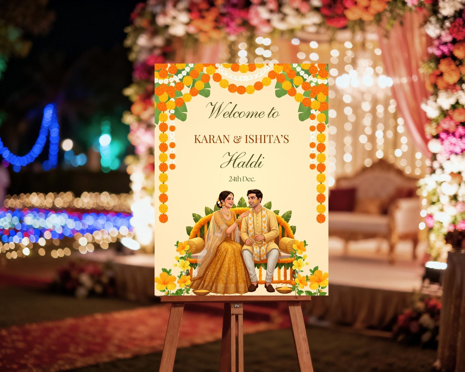 Indian Haldi Welcome Sign | Marigold Garland Wedding Board | Couple ...