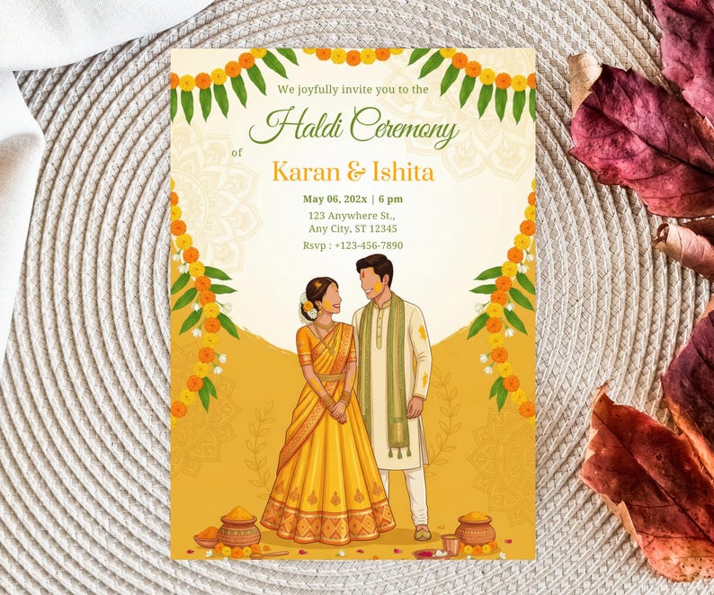 Editable Indian Haldi Ceremony Invitation, Floral Bride & Groom, Haldi ...