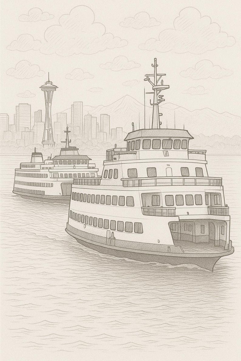 Seattle Ferry Coloring Pack of 5 - Etsy