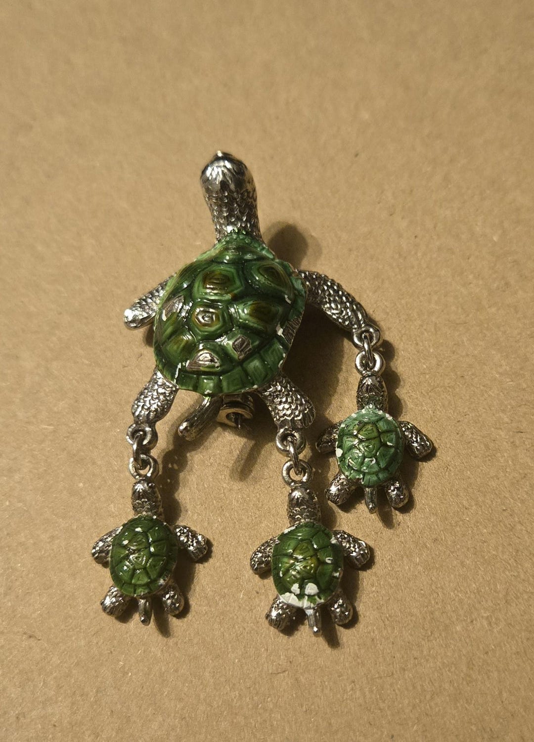 Vintage Turtle Family Brooch – Green Enamel Mother Turtle With Dangling ...