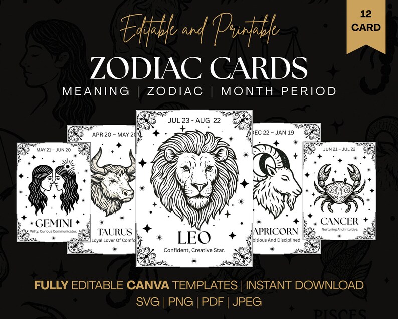 Zodiac Cards SVG Bundle: Astrology Printable Art (canva Template ...
