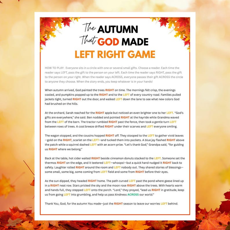 The Autumn That God Made Left Right Game, Fall Printable for Church ...