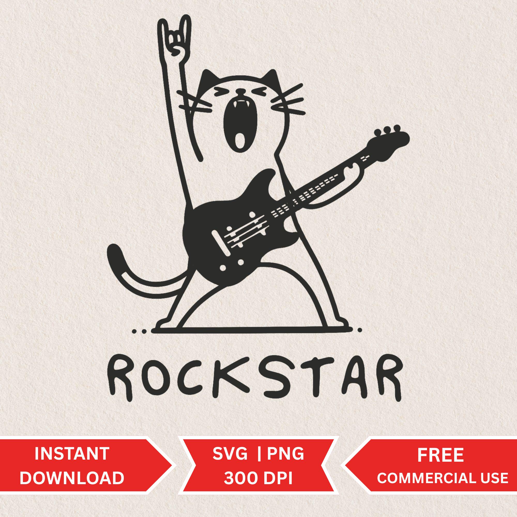 Rockstar Cat SVG PNG Bundle | Guitar Playing Cat Clipart Shirts Mugs ...