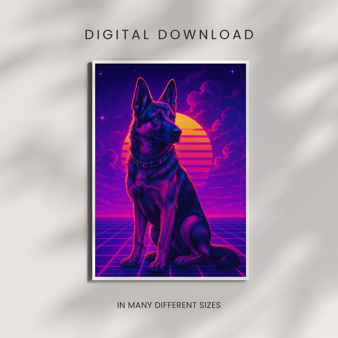 Synthwave German Shepherd Art Print | Neon Cyberpunk Dog Poster ...