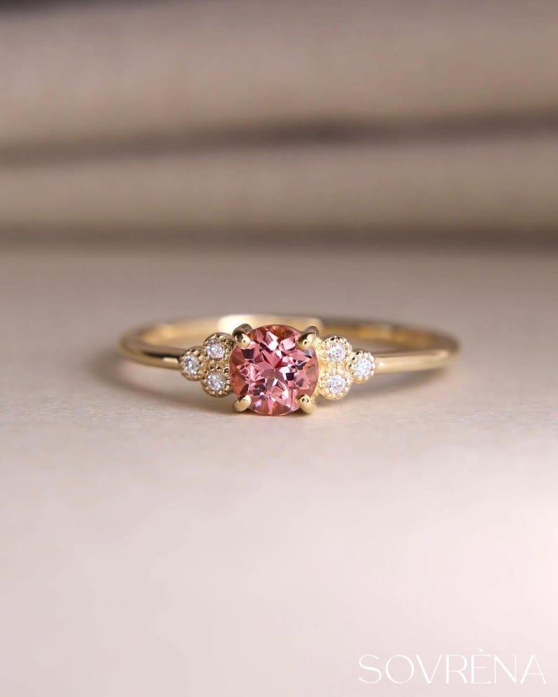 14K Yellow Gold Pink Sapphire Floral Halo Ring With Diamond Accents - Etsy