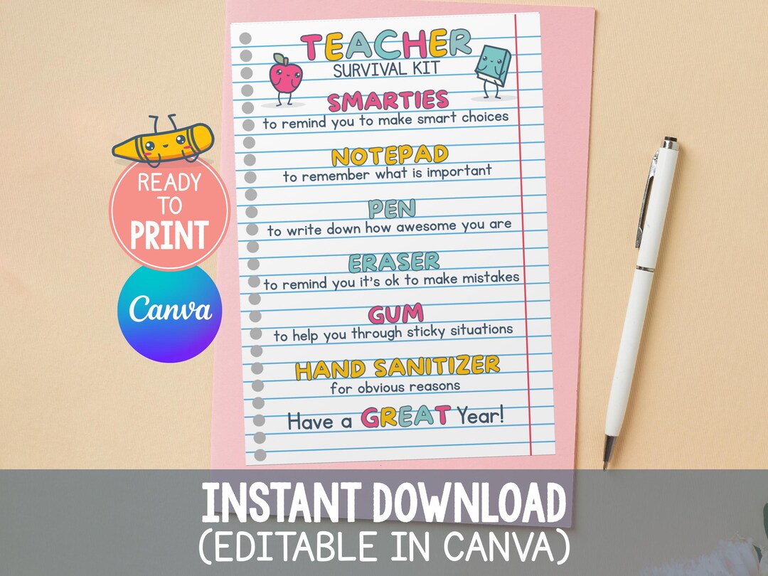 Teacher Survival Kit Tags, 1st Day of School Survival Kit Gift Tags ...