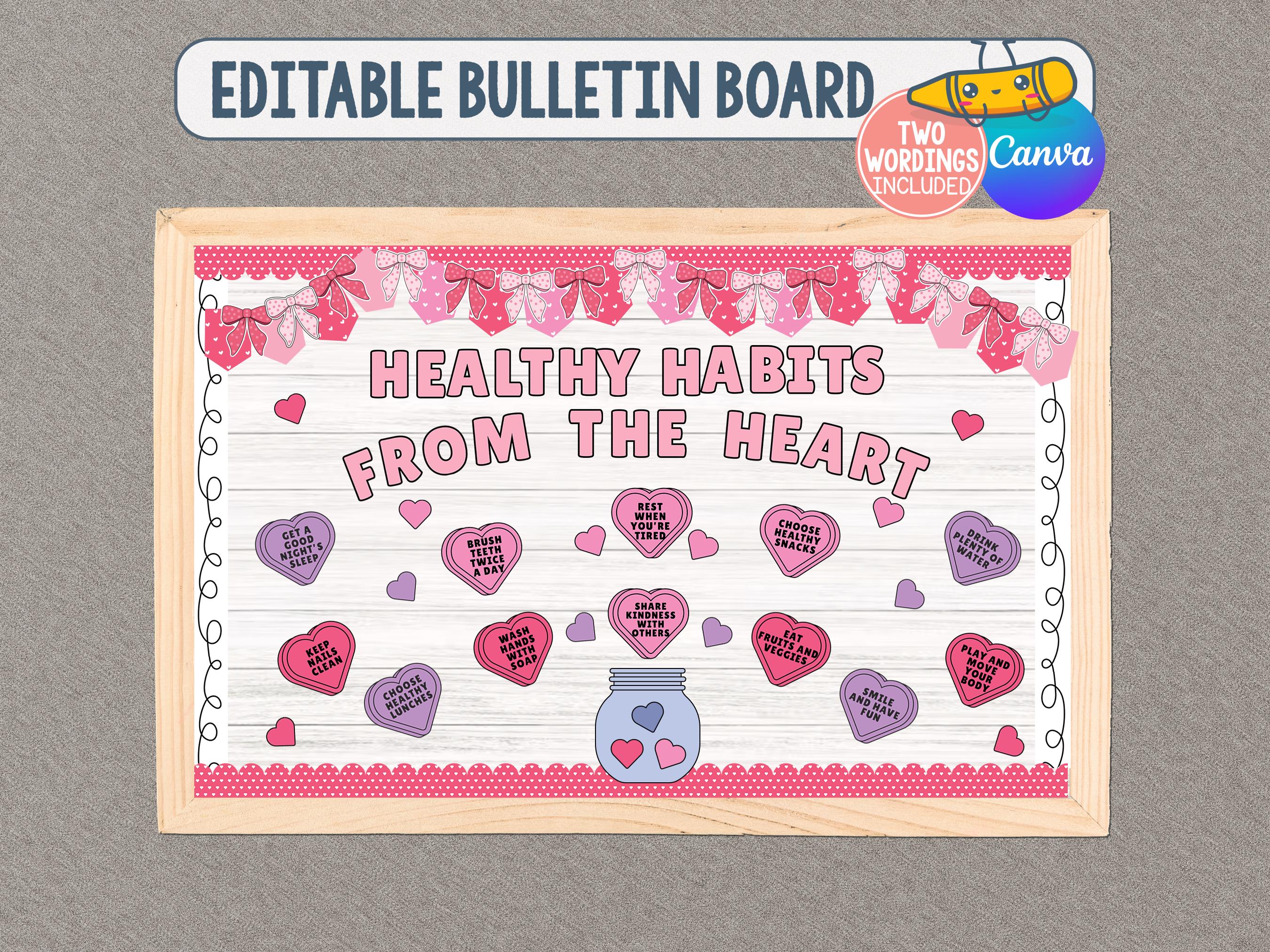 Healthy Habits Bulletin Board Set Editable, School Nurse Decor, Heart ...