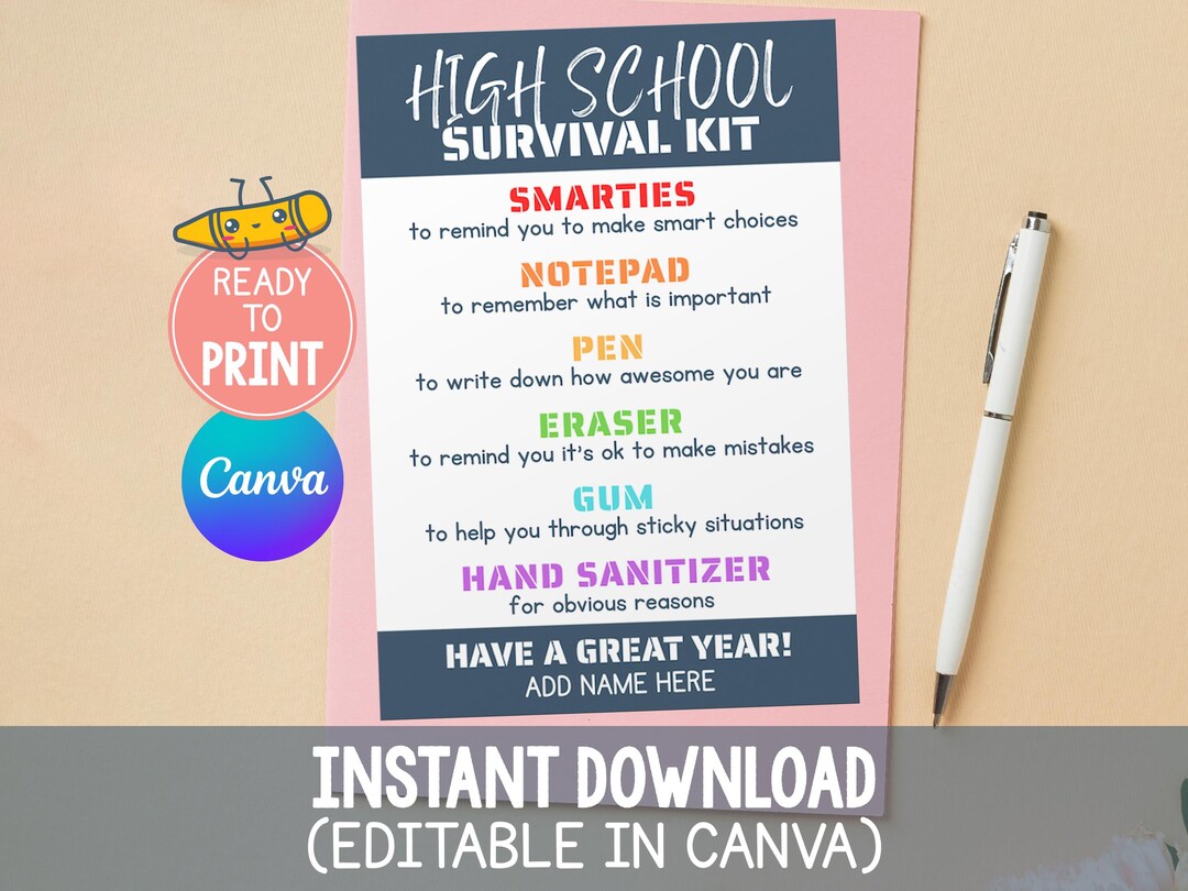 High School Survival Kit Tags, Editable First Day of High School ...
