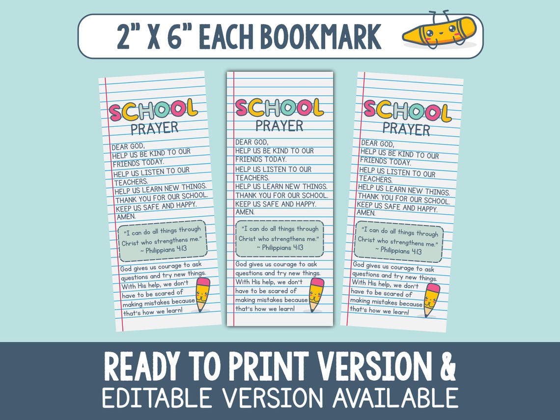 First Day of School Prayer Bookmark for Kids, Printable First Day ...