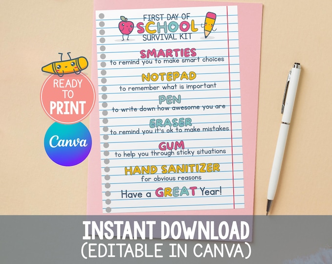 Back-to-school Survival Kit Gift Tag 1st Day of School Gift Tag Back-to ...