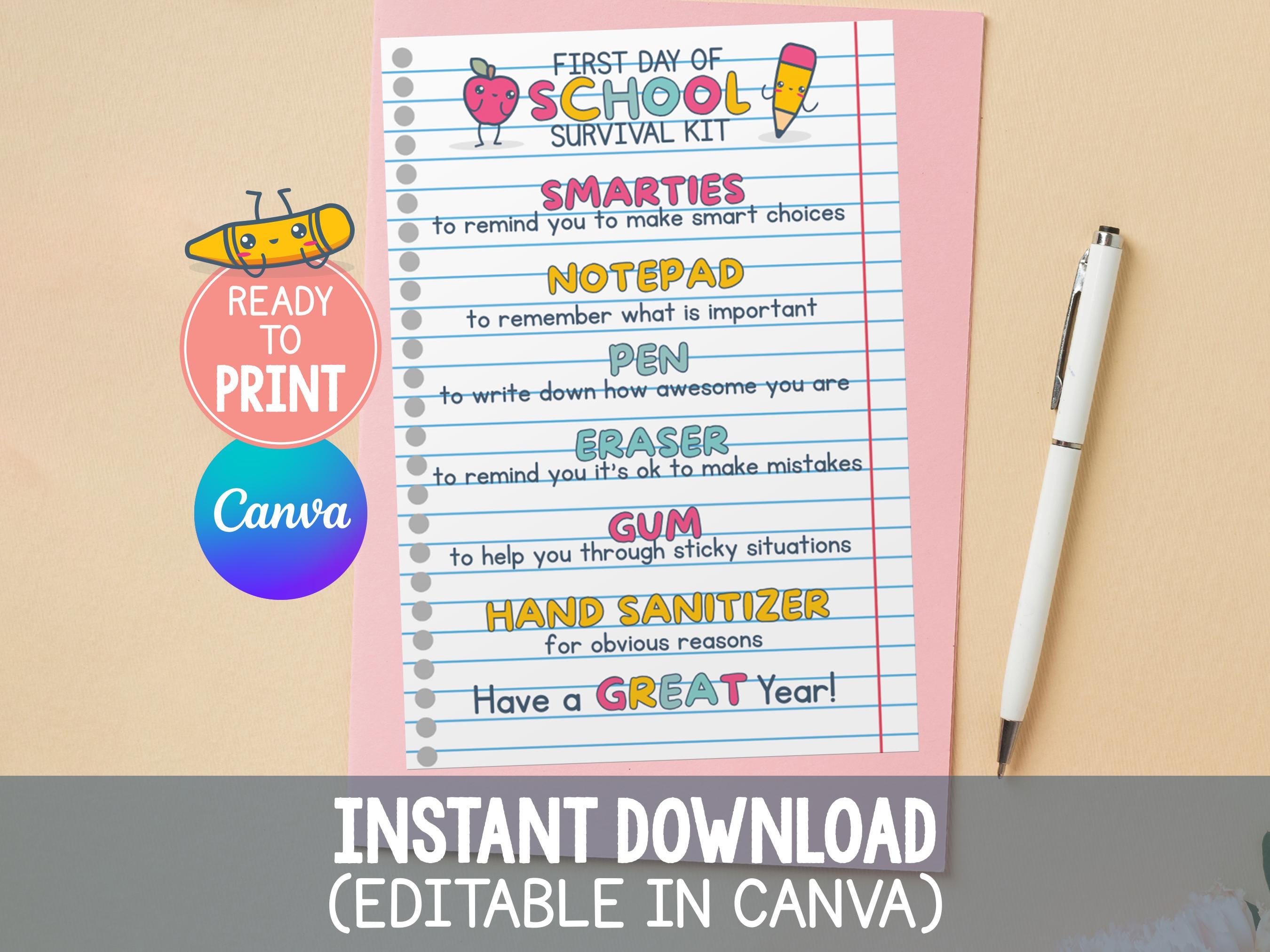 Editable Back to School Survival Kit Tag, Printable First Day of School ...