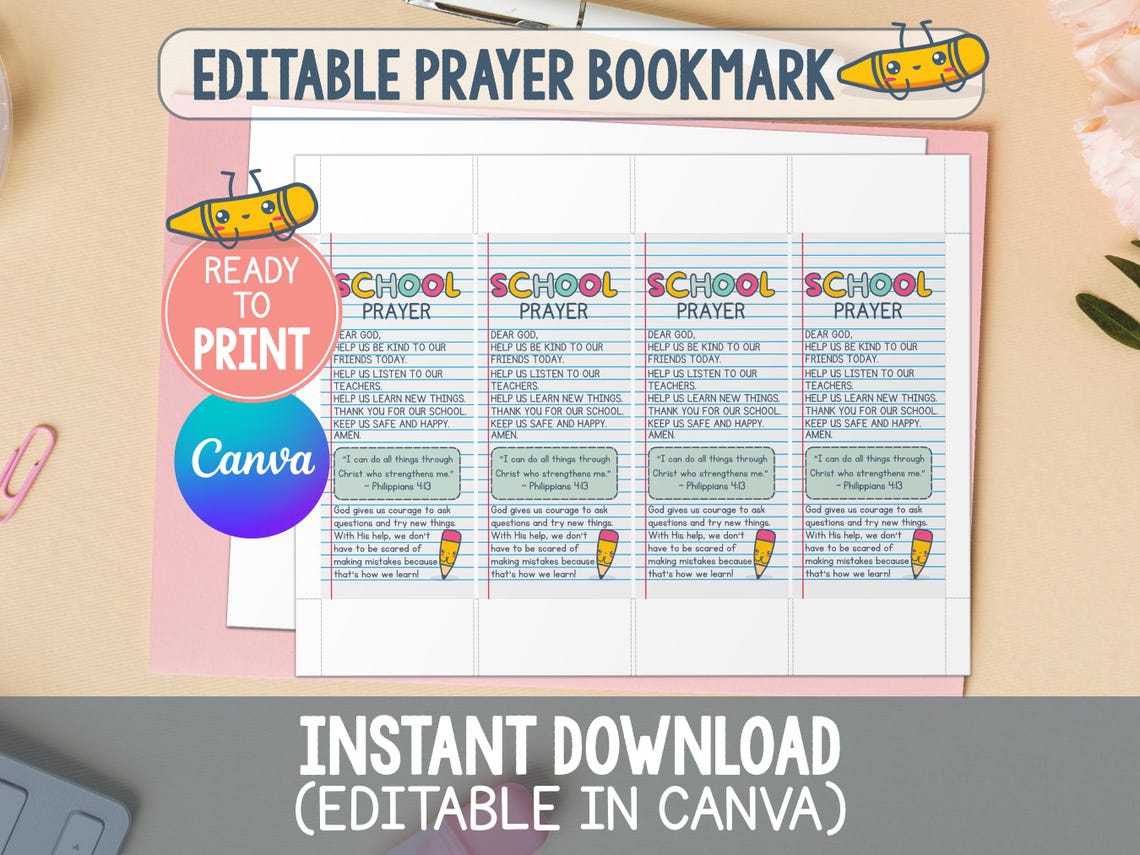 First Day of School Prayer Bookmark for Kids, Printable First Day ...
