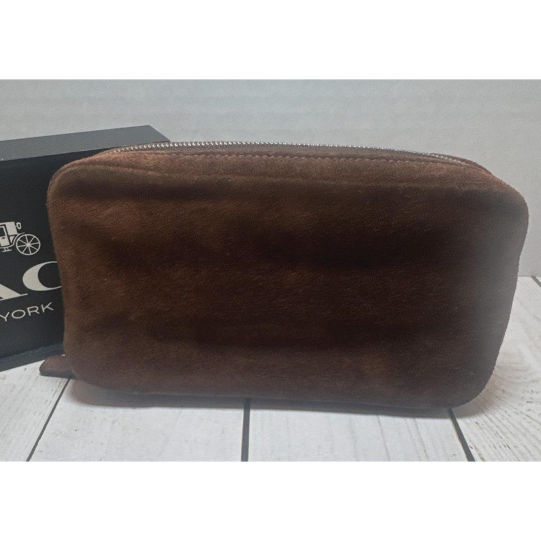 Coach Brown Suede Soft Jewelry Case Beige Lining Zipper Pockets 6.5x4x2 ...