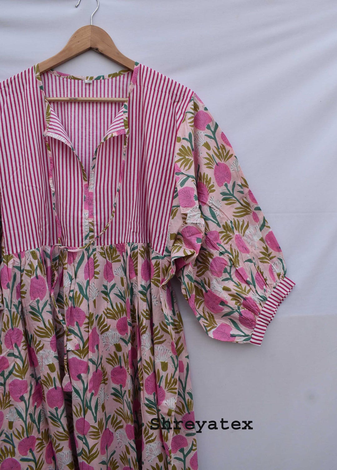 Pink Floral Block Print Kyra Midi Dress | Bohemian Cotton Dress for ...