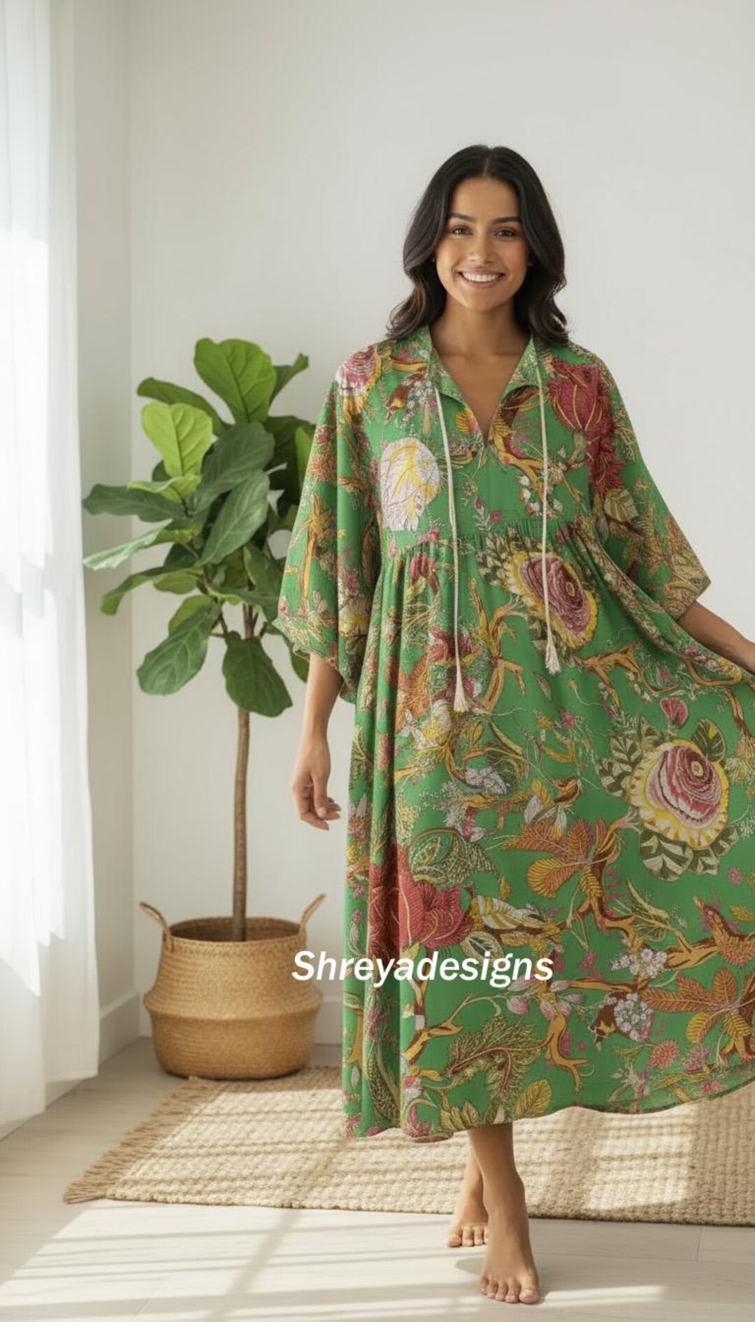 Green Floral Block Print Kyra Midi Dress | Bohemian Cotton Dress for ...