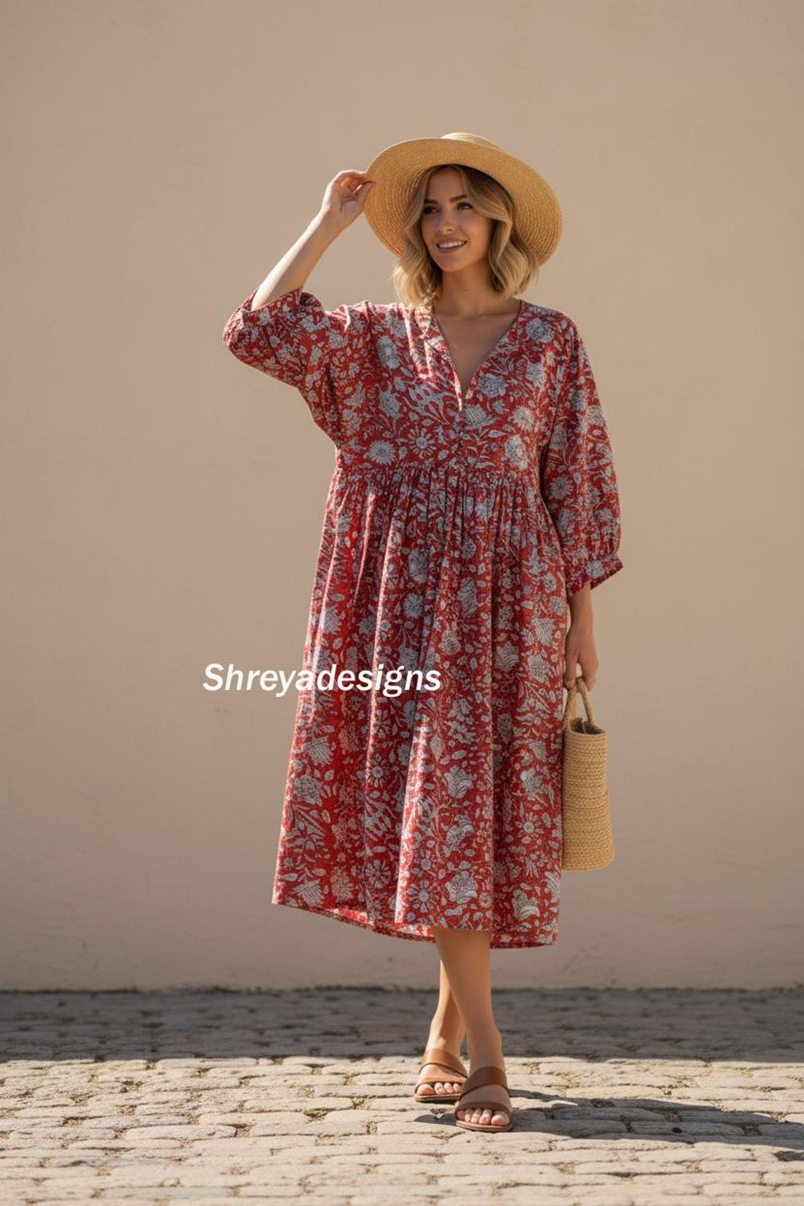 Red Floral Block Print Kyra Midi Dress | Bohemian Cotton Dress for ...