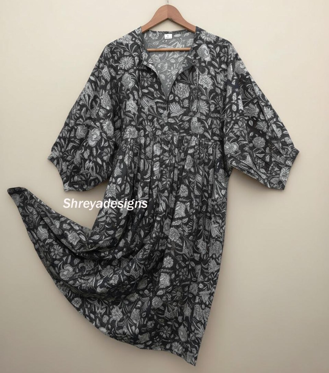 Black Floral Block Print Kyra Midi Dress | Bohemian Cotton Dress for ...
