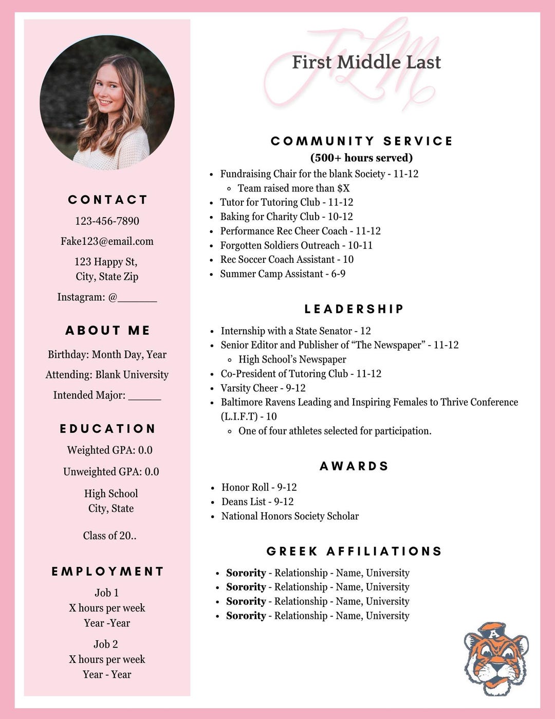 Cute and Trendy Resume Template for Sorority Recruitment (rush) - Etsy