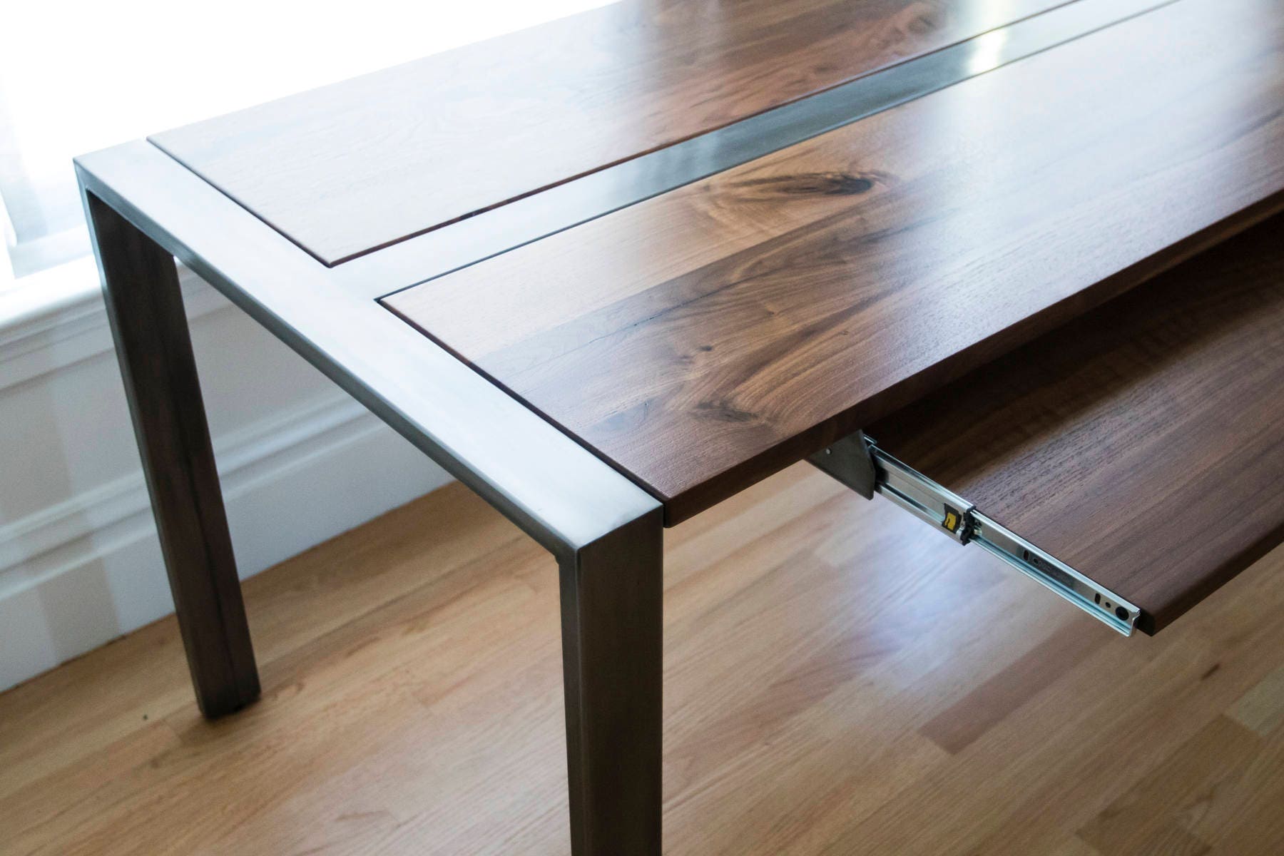 Walnut Desk With Keyboard Trays, Steel Frame, Custom, 'zeeva' Series ...