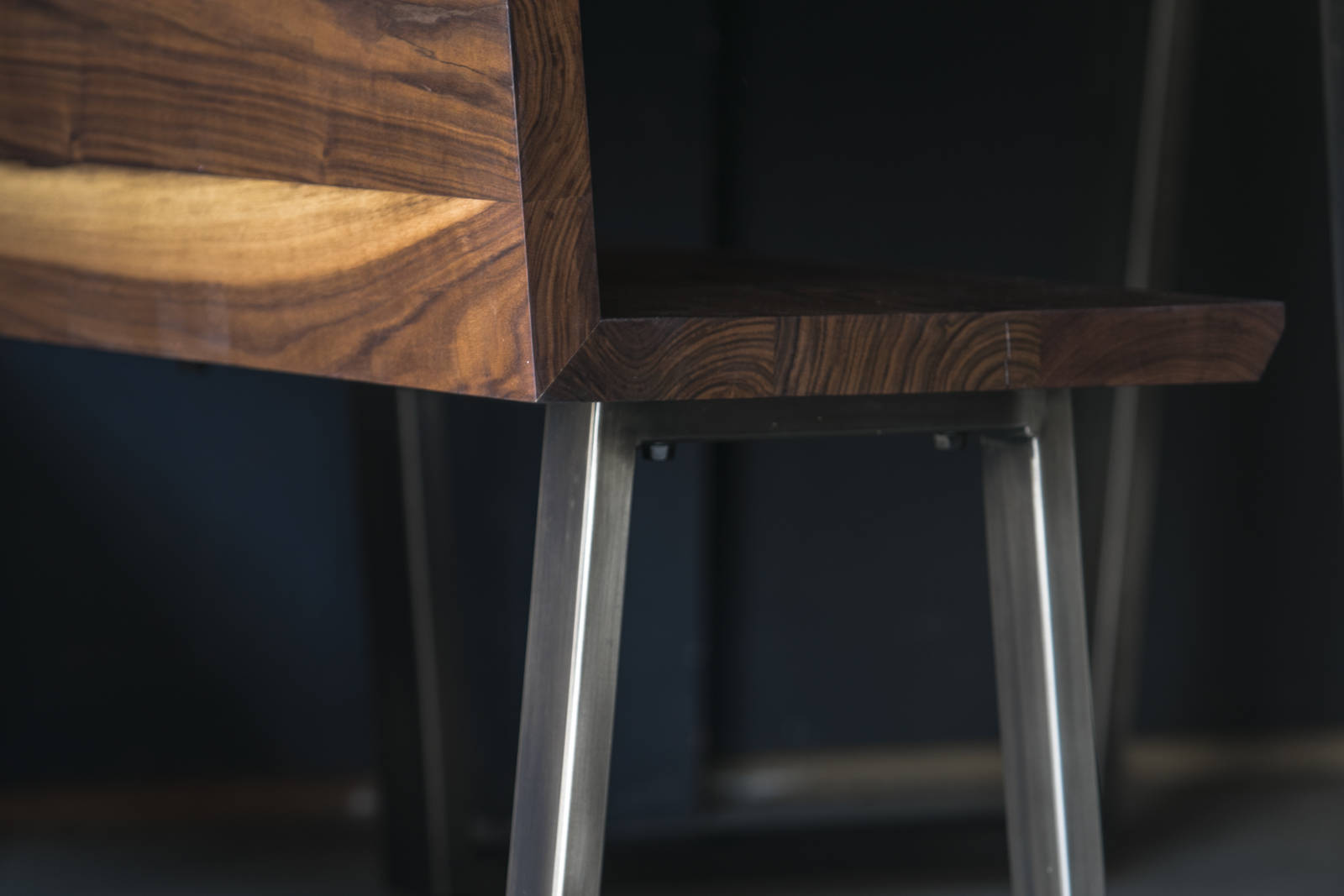 Clear-walnut Beveled Edge Dining Table and Bench Set, Steel Trapezoid ...