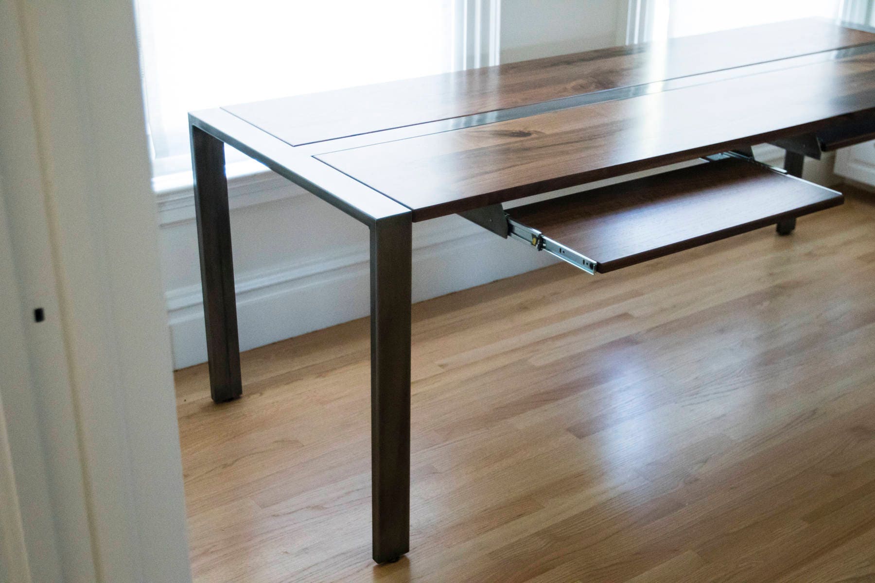 Walnut Desk With Keyboard Trays, Steel Frame, Custom, 'zeeva' Series ...