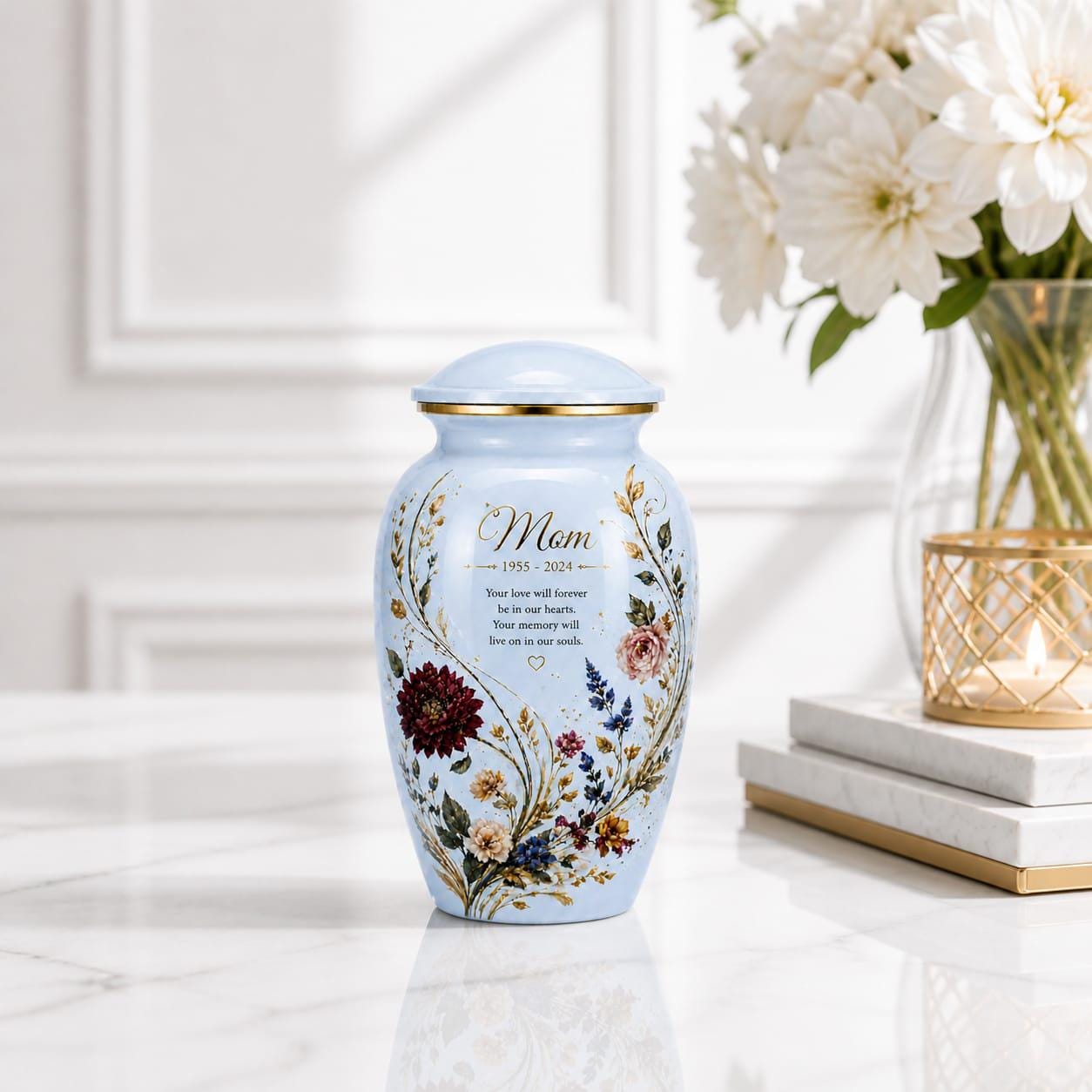 Personalized Blue Floral Cremation Urn Set for Ashes, Memorial Urn With ...
