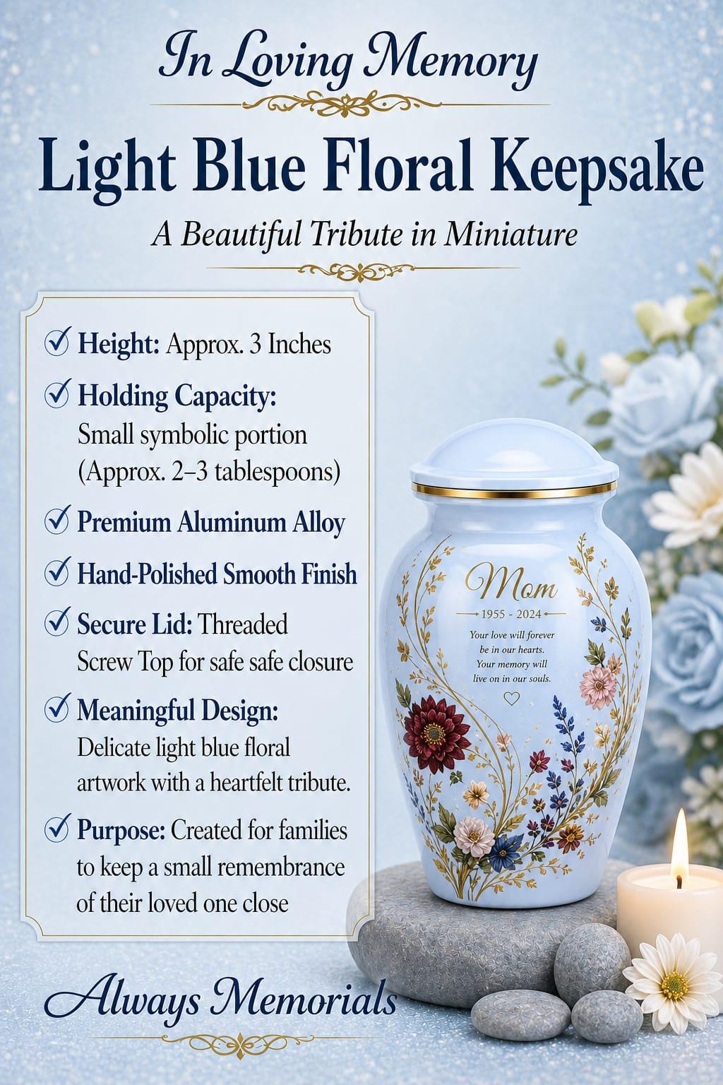 Personalized Blue Floral Cremation Urn Set for Ashes, Memorial Urn With ...