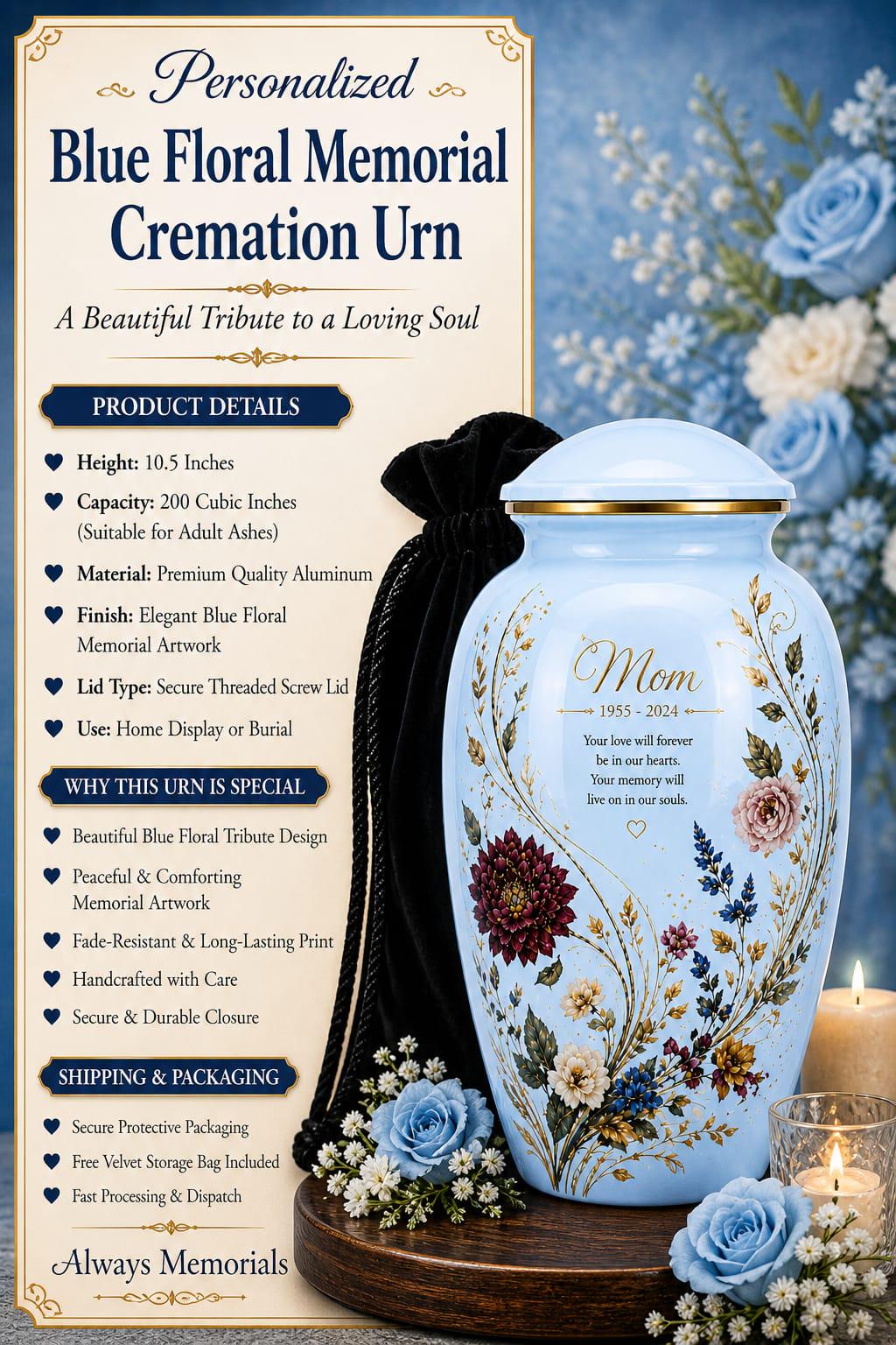 Personalized Blue Floral Cremation Urn Set for Ashes, Memorial Urn With ...