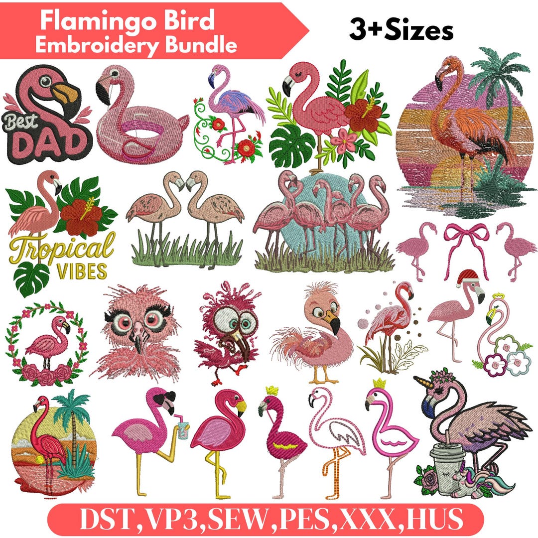 Floral Flamingo Machine Embroidery Design Bundle Mini Baby Flamingo ...